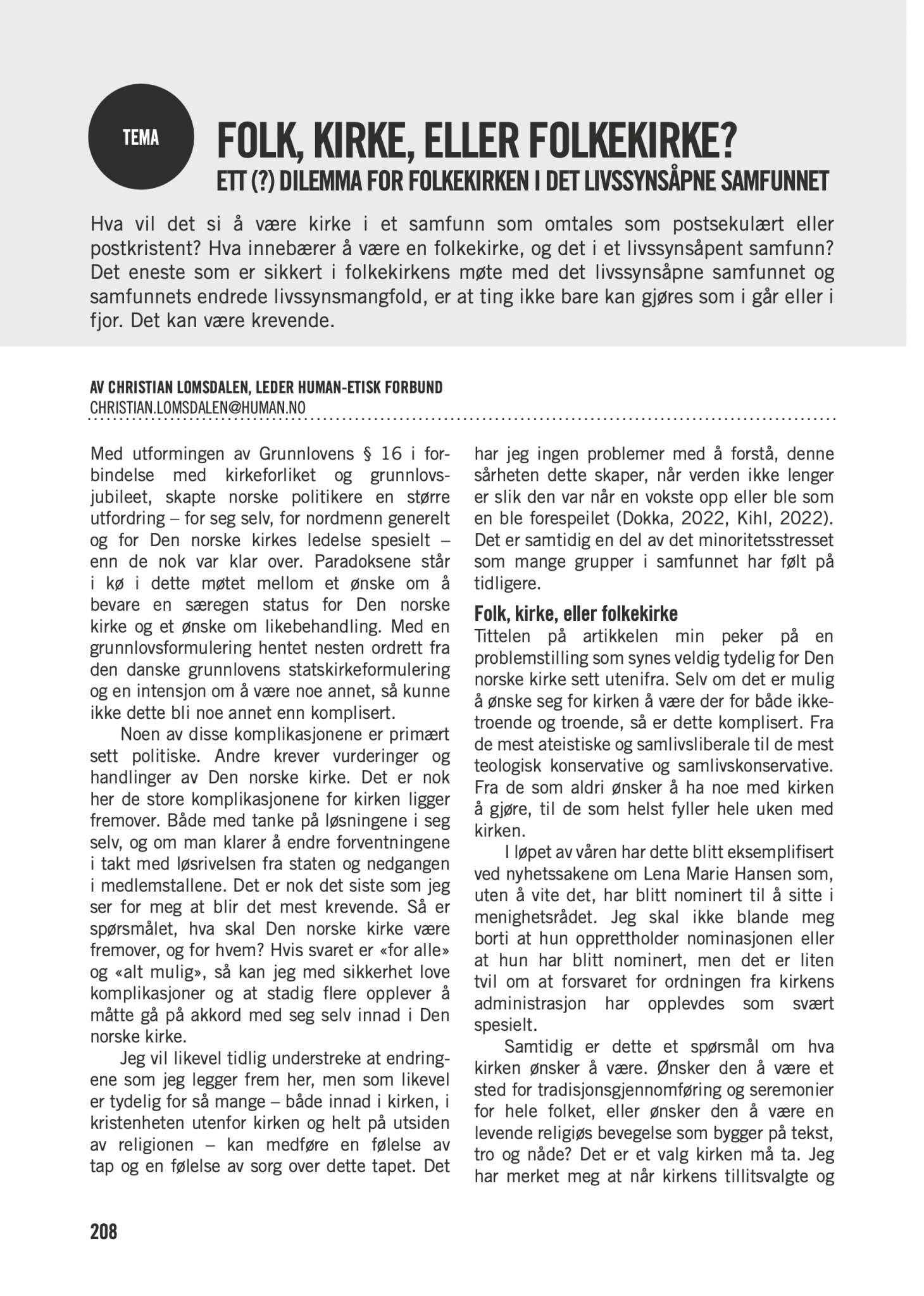 Folk, kirke, eller folkekirke? – Christian Lomsdalen